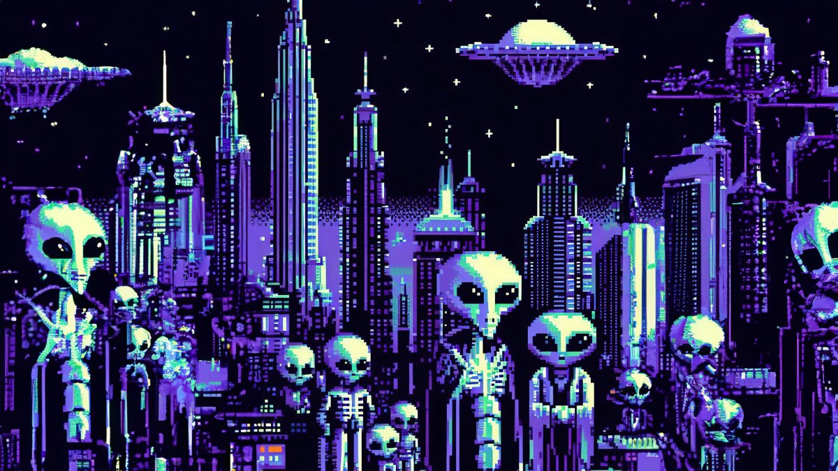 Pixel Art Aliens and City Wallpaper